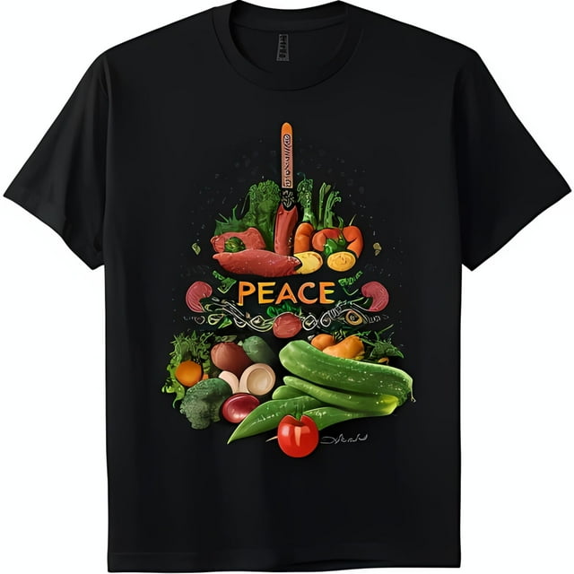 Colorful Fruit and Vegetable Peace Symbol Black T-Shirt with Peace Text ...