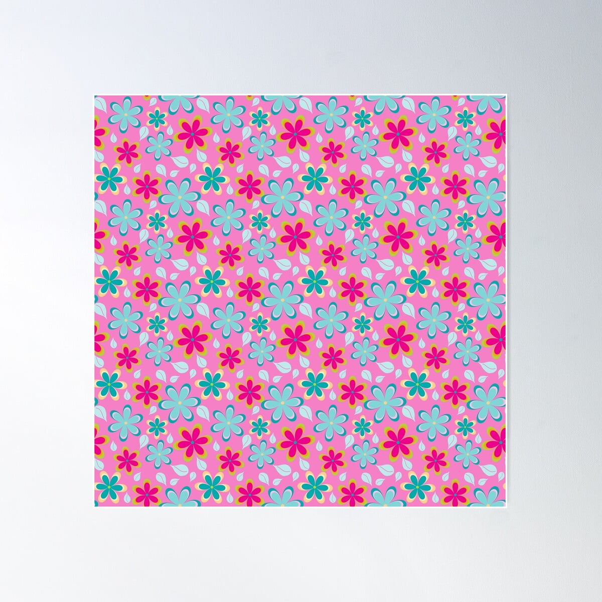 Colorful Funky Retro Flowers Pattern | Neon Pink And Teal Poster Wall ...