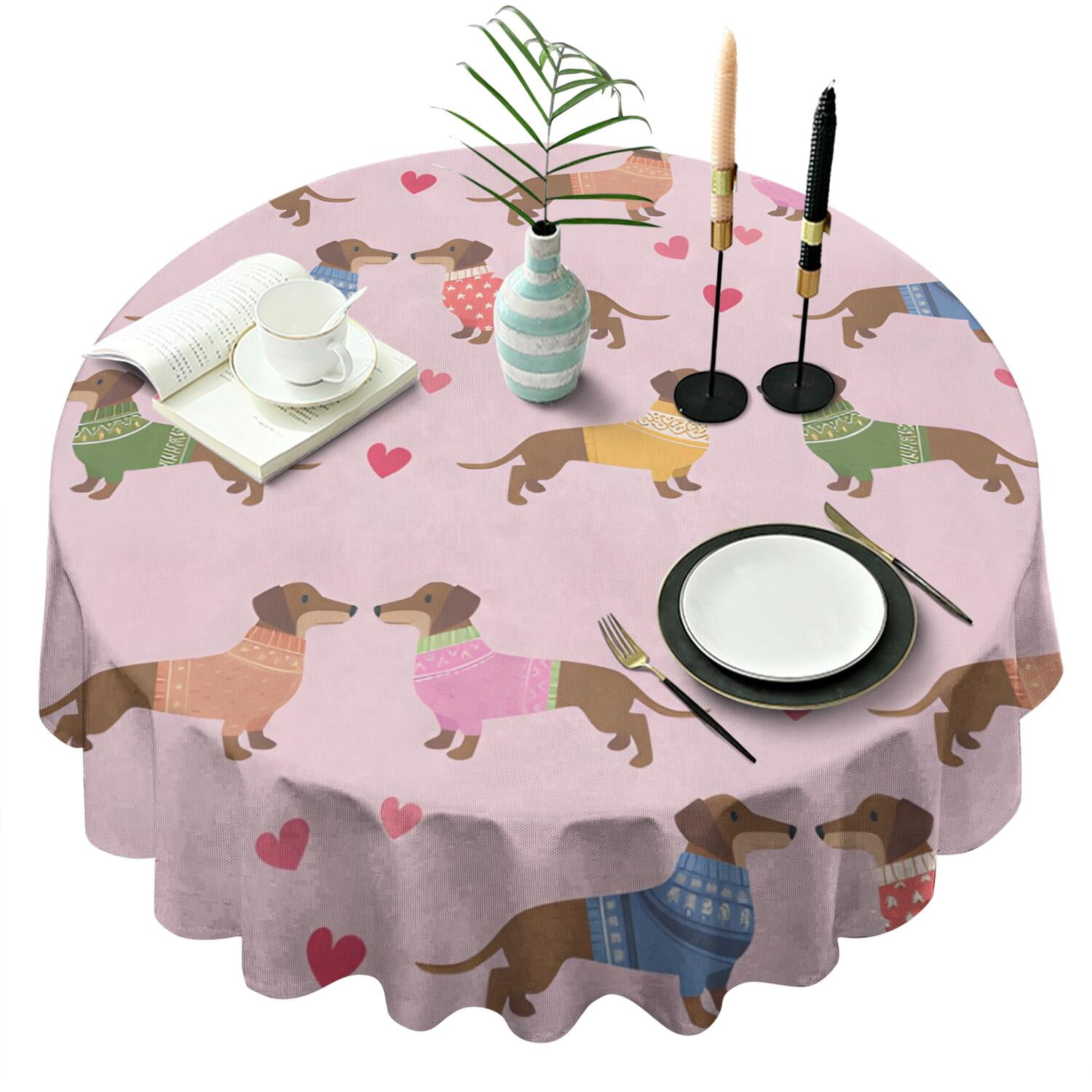 Colorful Funny Dachshund Round Tablecloth 60"x60",Wrinkle Wipeable ...