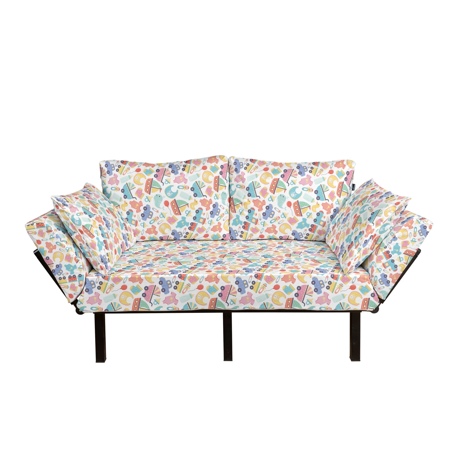 Colorful Futon Couch, Colorful Cartoon Pattern with Elements Clothes ...