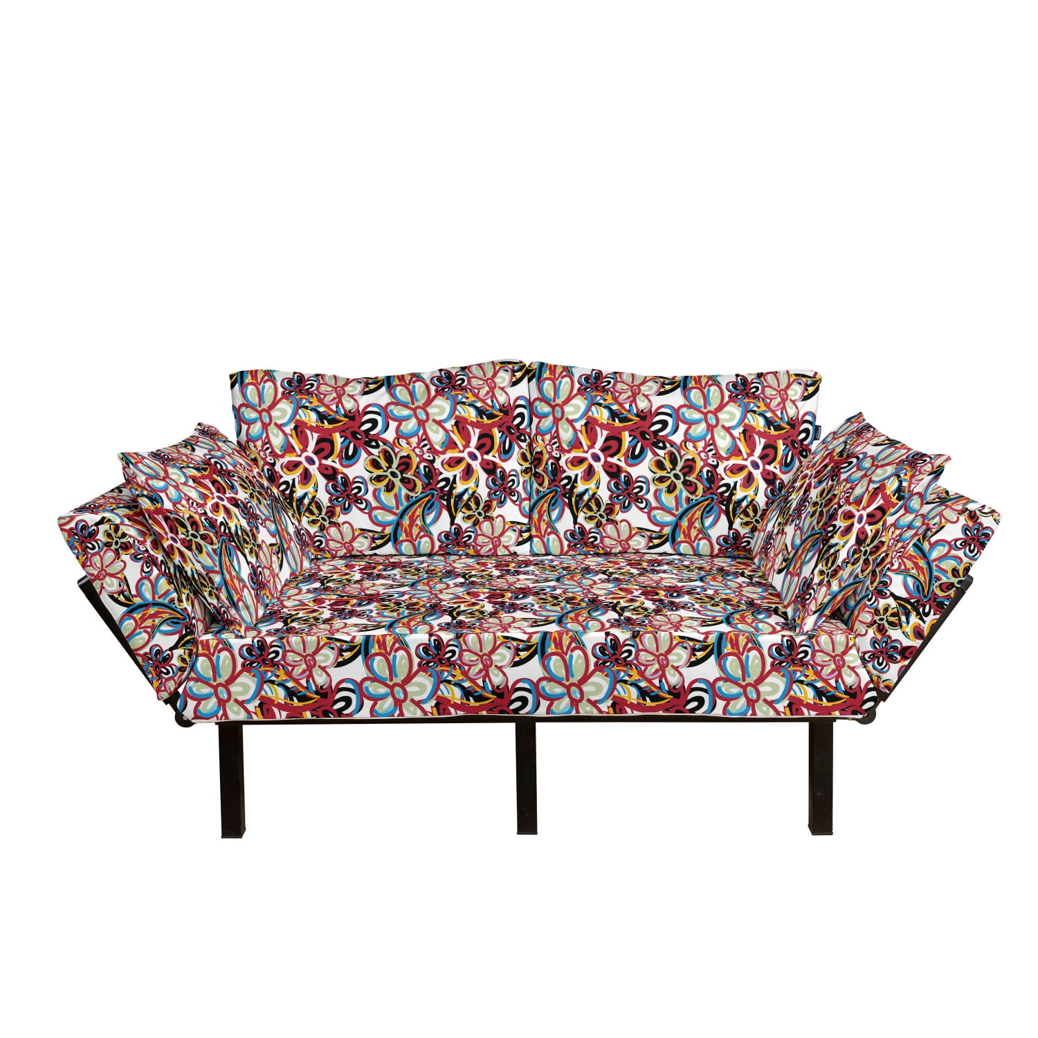 Colorful Futon Couch, Cartoon Style Nature Depiction with Abstract ...