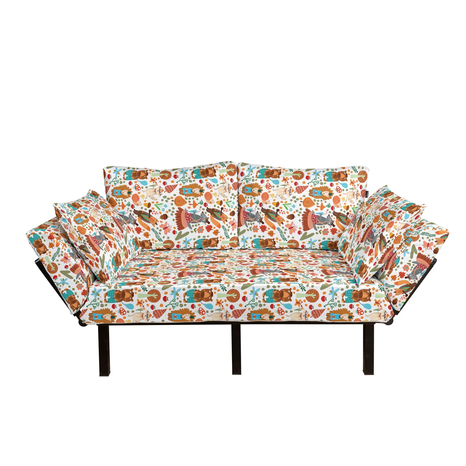 Colorful Futon Couch, Forest Animals and Foliage Pattern with Fox Wolf ...
