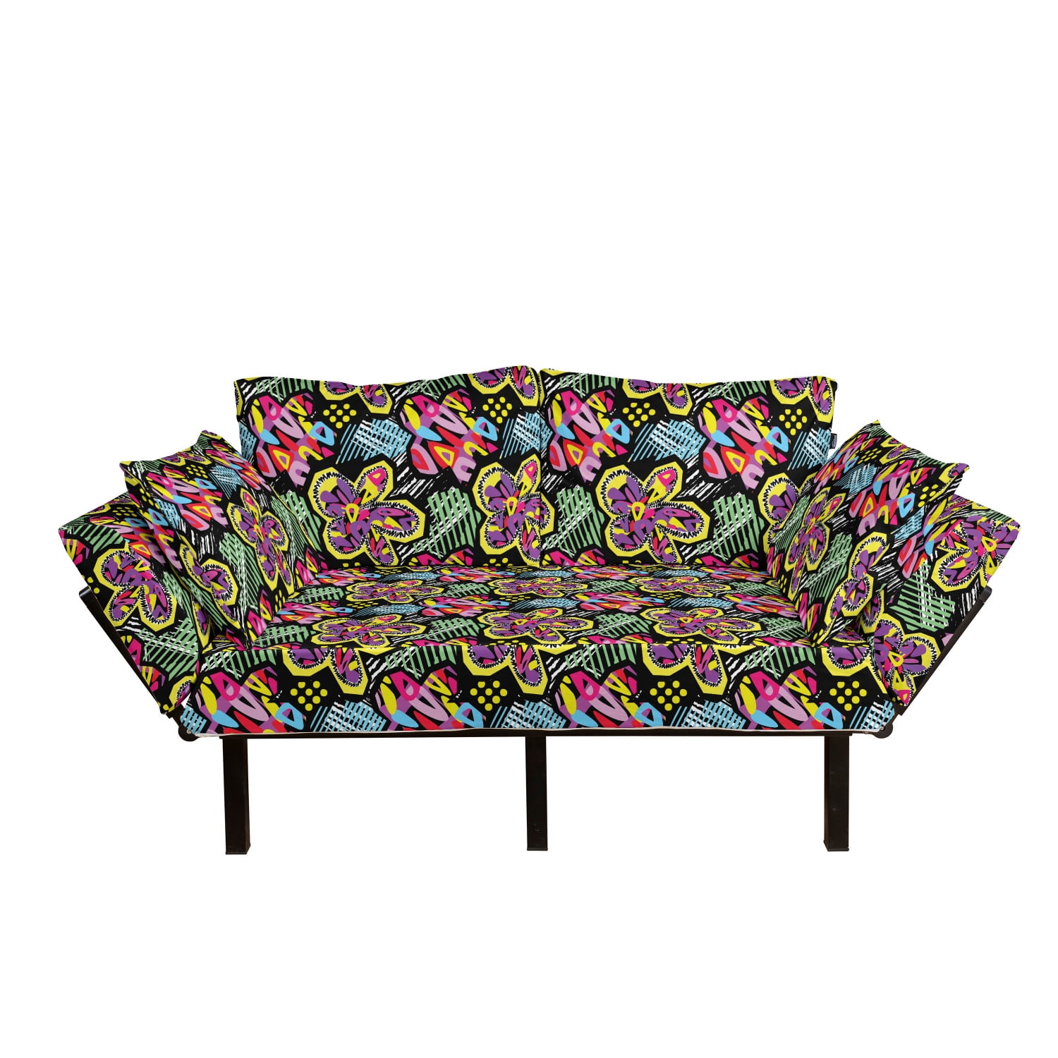 Colorful Futon Couch, Tropical Flowers Pattern with Brushstroke Effects ...