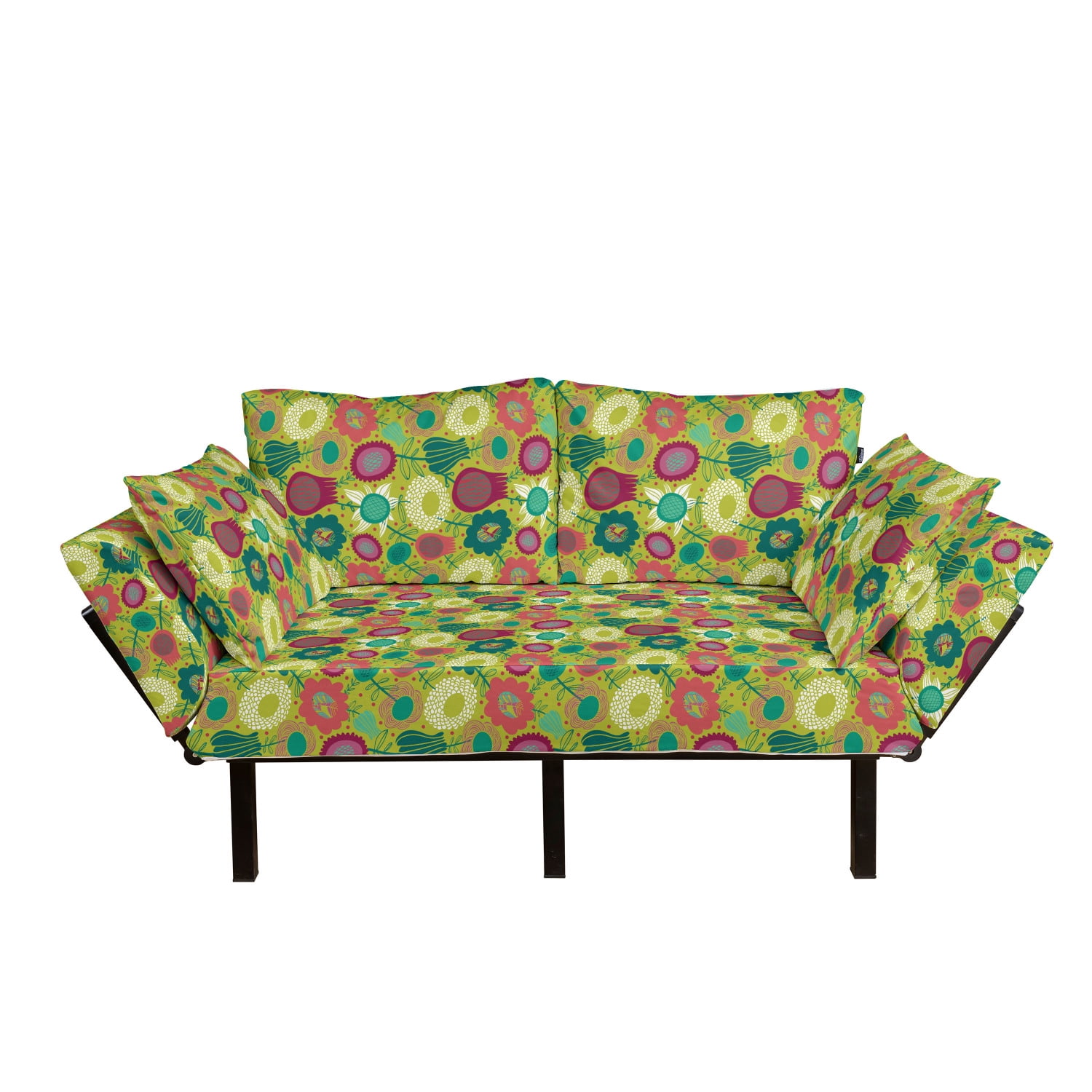 Colorful Futon Couch, Whimsical Pattern of Hand Drawn Style Flowers ...