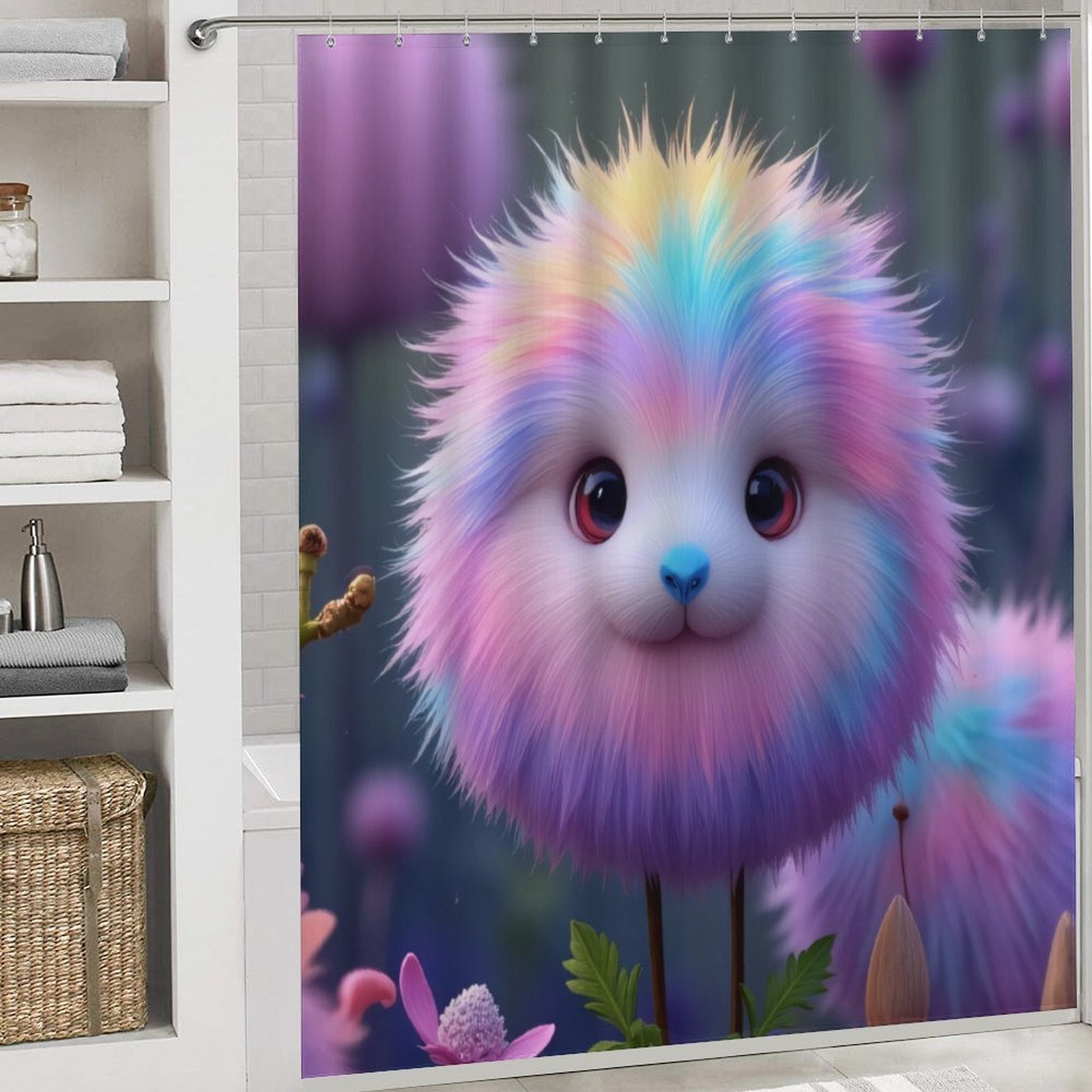 Colorful Fuzzy Creature in Garden Shower Curtain Bathtub Decor Bathroom ...