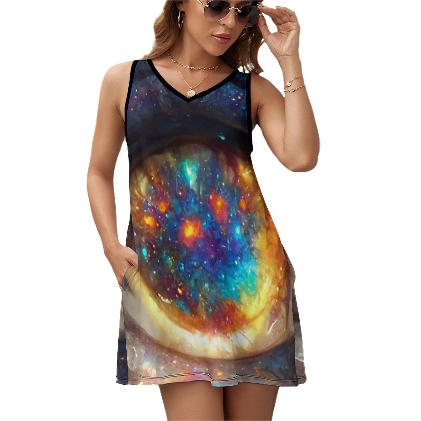 Colorful Galaxy And Nebula Within Human Eye Square Neck Dress Cute ...