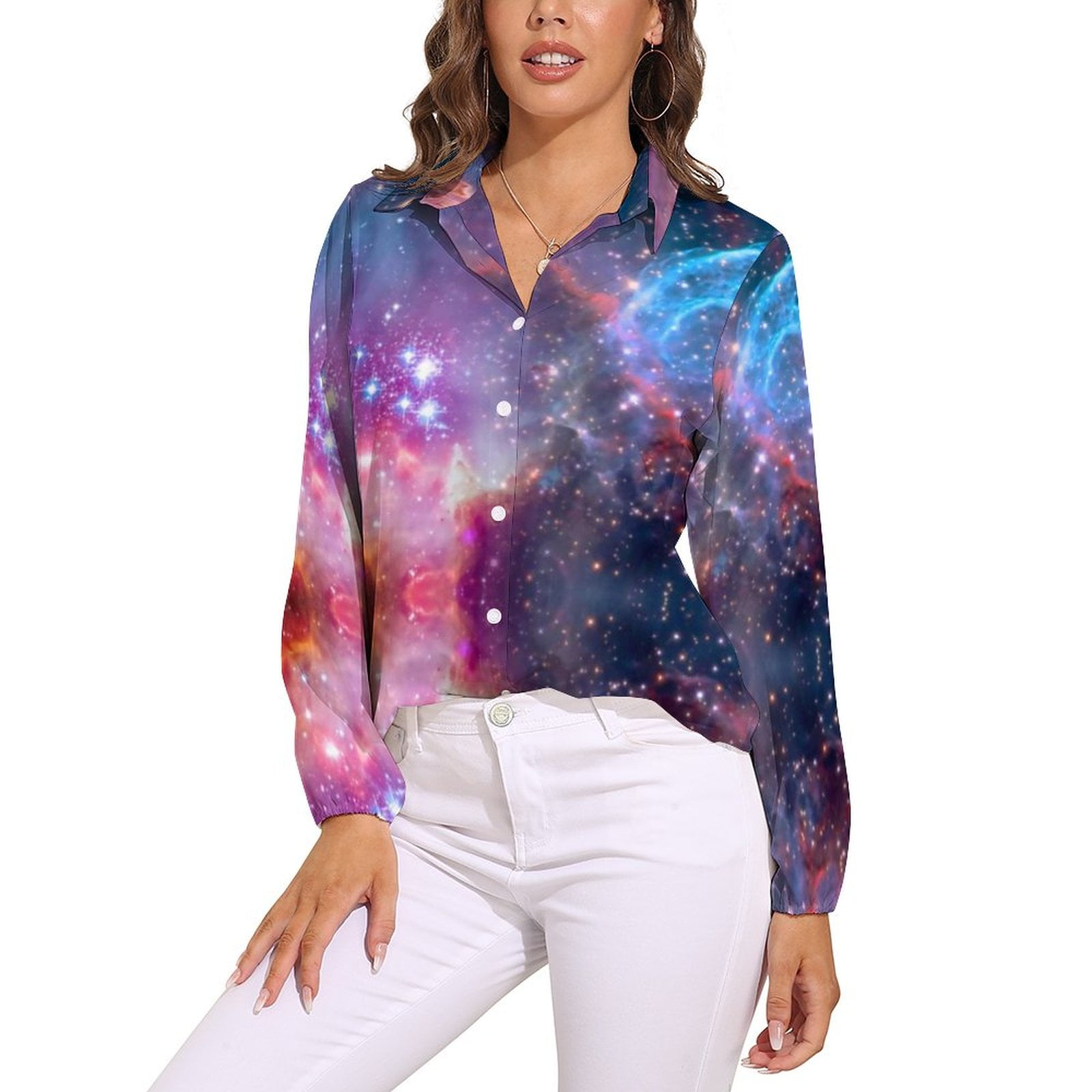 Colorful Galaxy Blouse Long-Sleeve Night Sky Bright Stars Kawaii ...