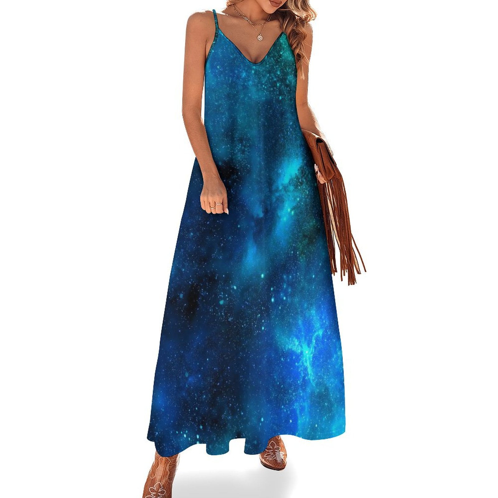 Colorful Galaxy Dress Green and Blue Cosmic Aesthetic Casual Long ...