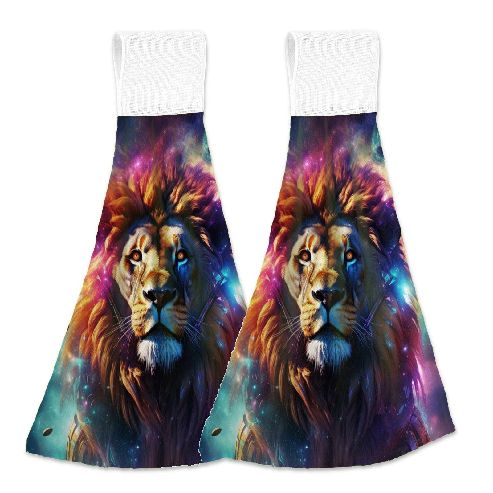 Colorful Galaxy Lion Art Hanging Kitchen Hand Towels Sets with Loop ...