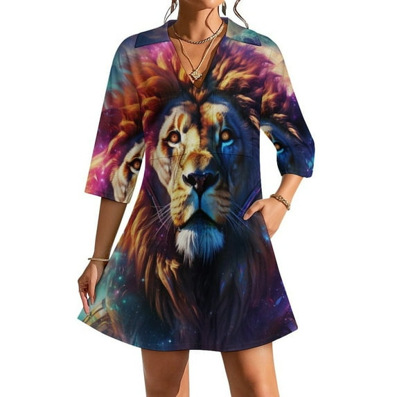 Colorful Galaxy Lion Art Womens Dress With Pockets Summer V Neck 3/4 ...