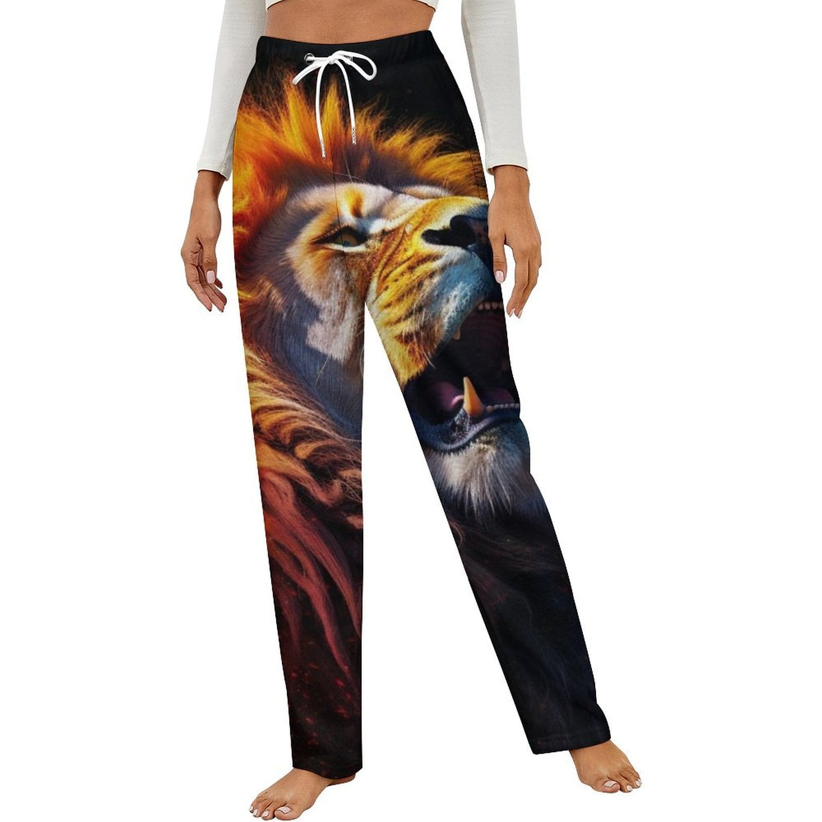 Colorful Galaxy Lion Roar Winter Female Pants Flannel High Waist Women ...
