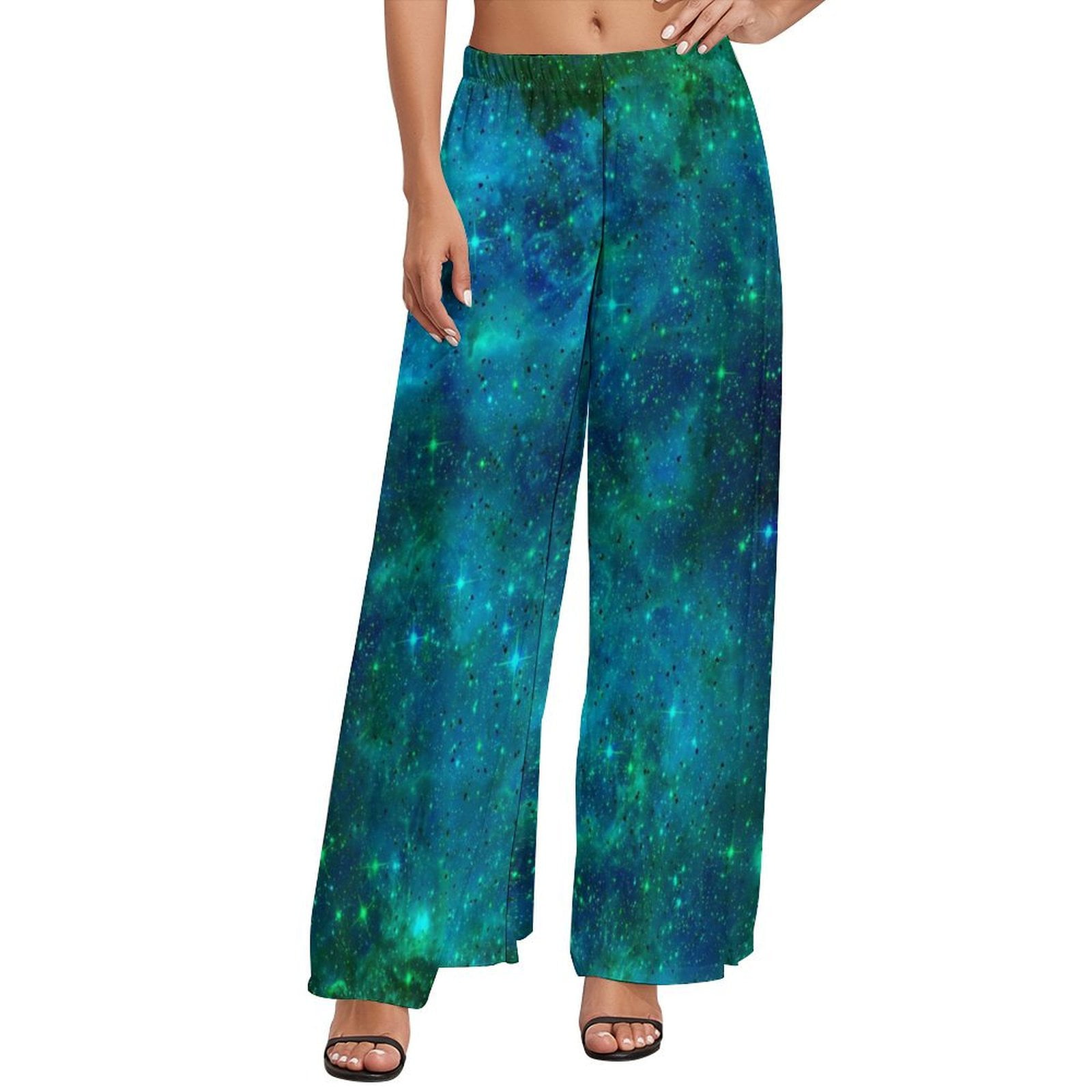 Colorful Galaxy Pants Elastic Waist Green and Blue Elegant Trousers Streetwear Design Wide Pants ...