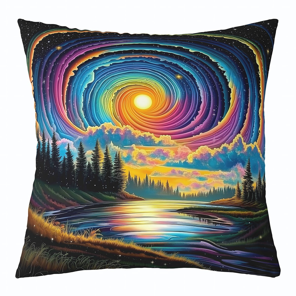 Colorful Galaxy Throw Pillow Cover Trippy Sky Swirl Square Cushion Case Rainbow Lake Trees Decor ...
