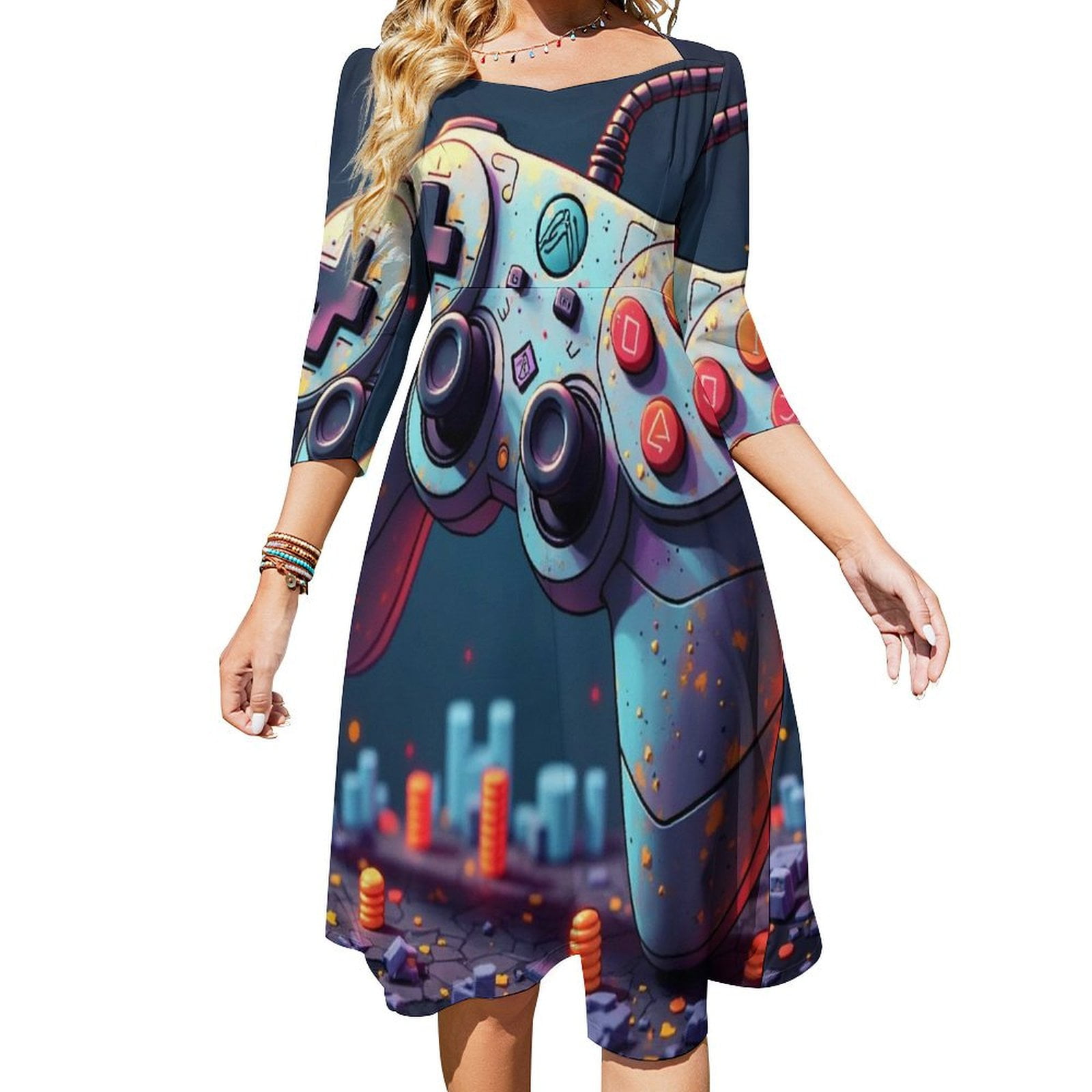 Colorful Game Controller Art Sweetheart Knot Flared Dress Fashion ...