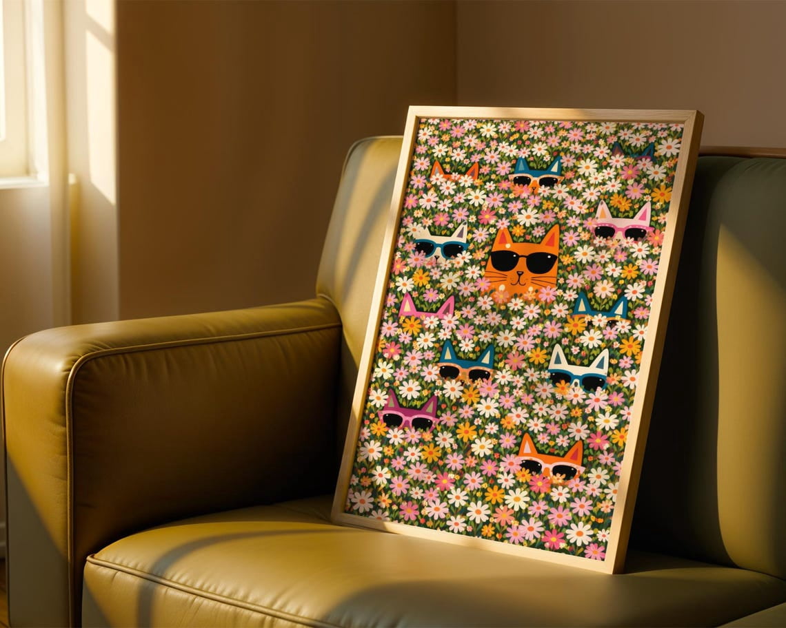 Colorful Garden Cats Wall Art Print, Unframed Paper Poster 16x20in ...