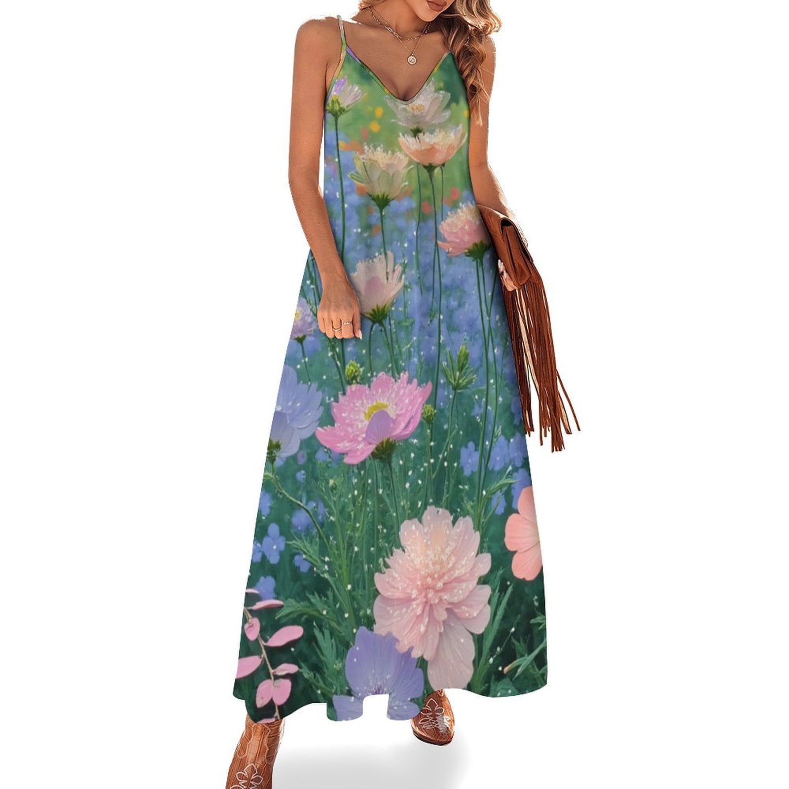 Colorful Garden Flowers Design Sleeveless Dress Woman Fashion Long ...