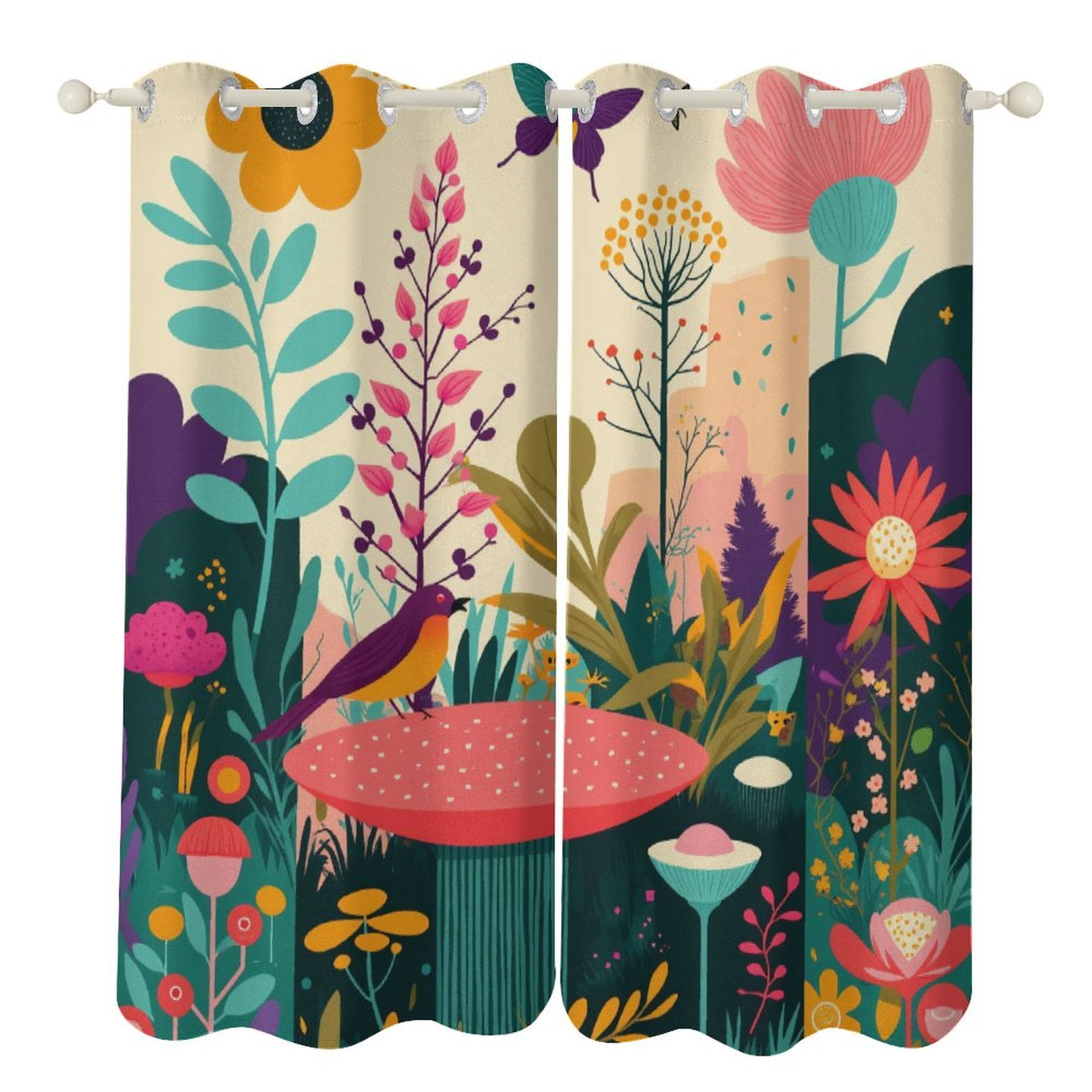 Colorful Garden with Flowers And Birds Blackout Window Curtains for ...
