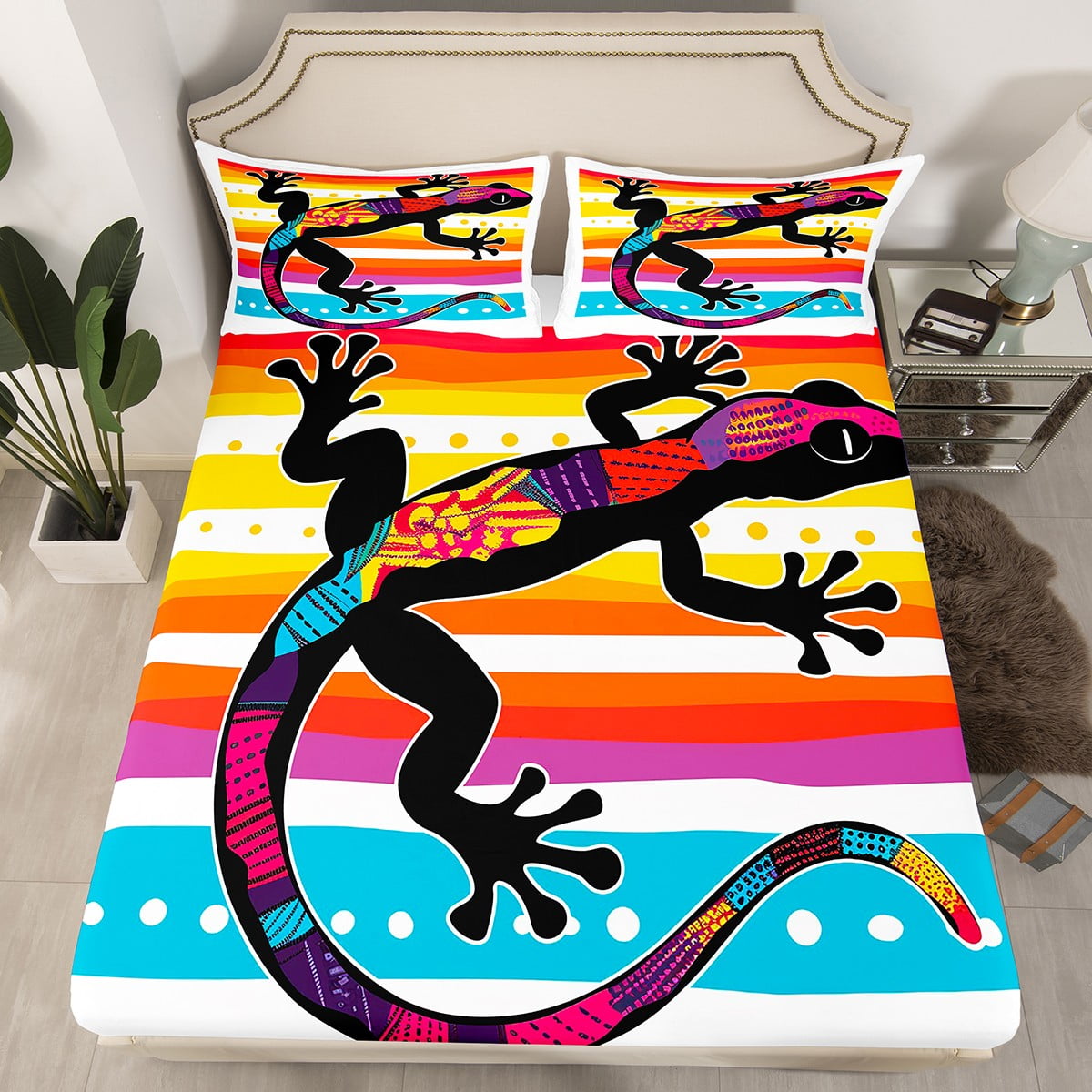 Colorful Gecko Bedding Set Cartoon Reptiles Fitted Sheet Cute Lizard ...