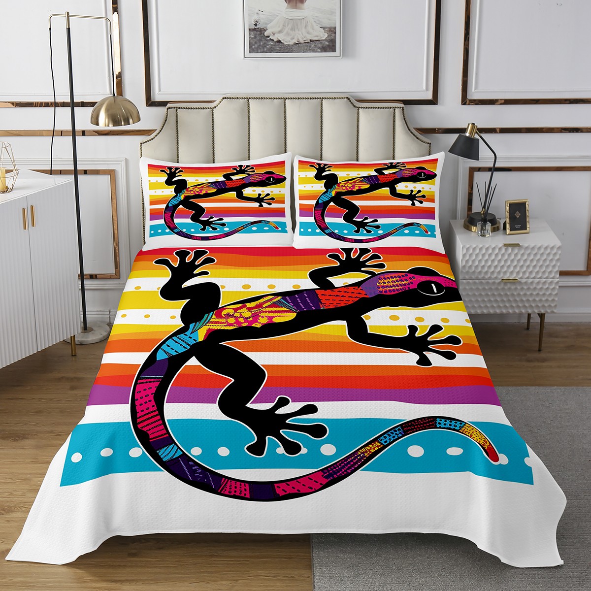 Colorful Gecko Coverlet Set Cartoon Reptiles Quilt Set Cute Lizard ...