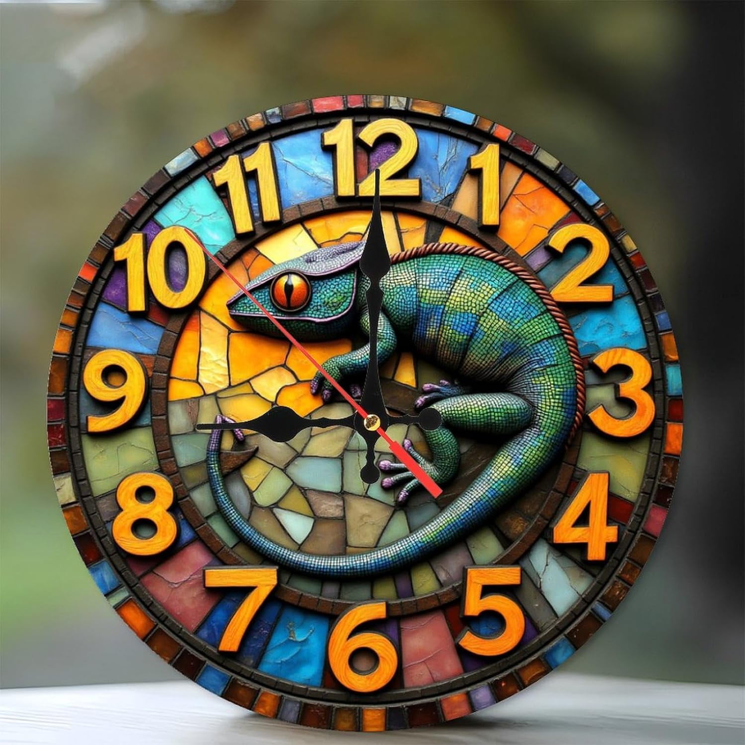 Colorful Gecko Mosaic Wall Clock Home Decor10-Inch Wooden Wall Clock, Silent Movement, Battery ...