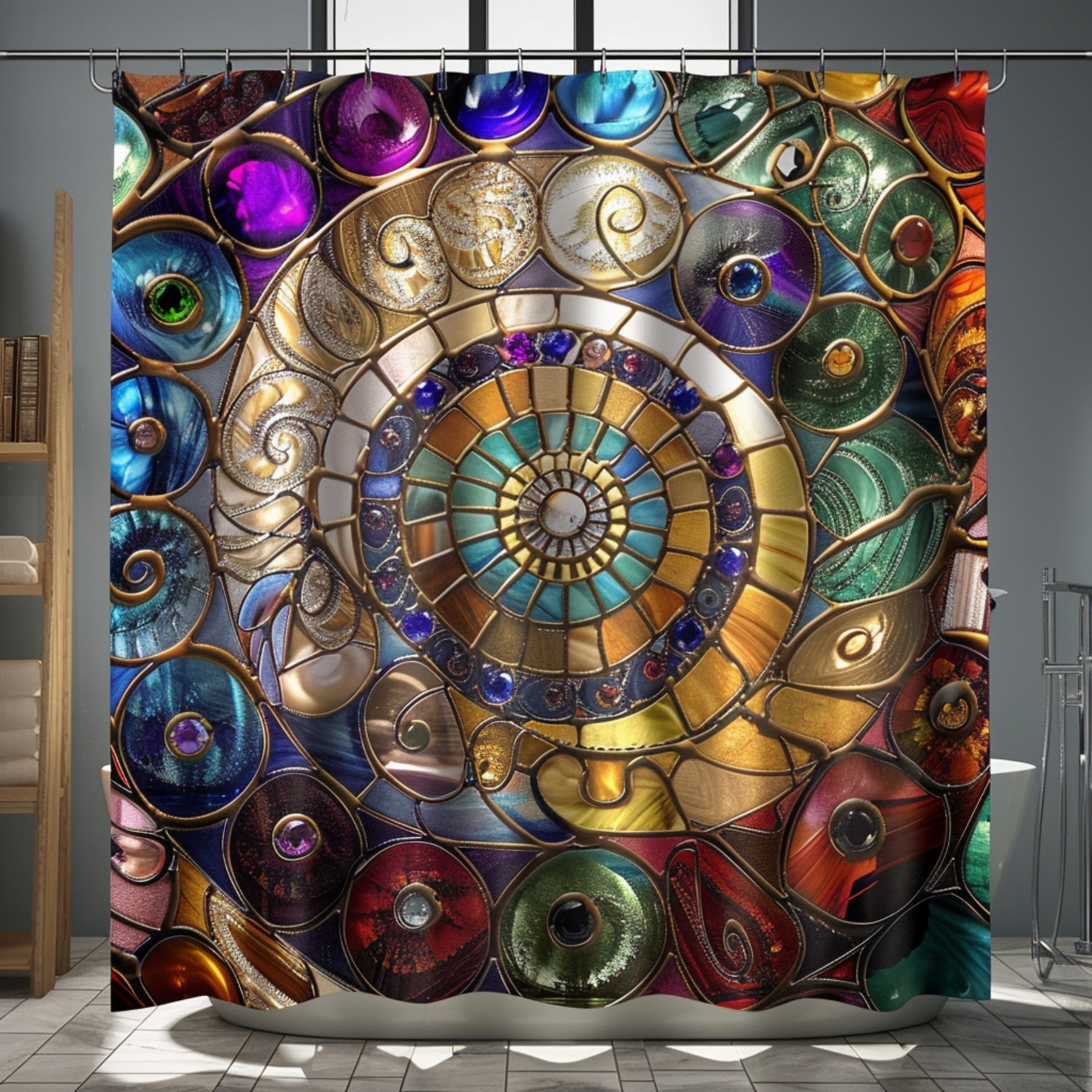 Colorful Gem Spiral Nautilus Stained Glass Shower Curtain Abstract Modern Bathroom Decor With