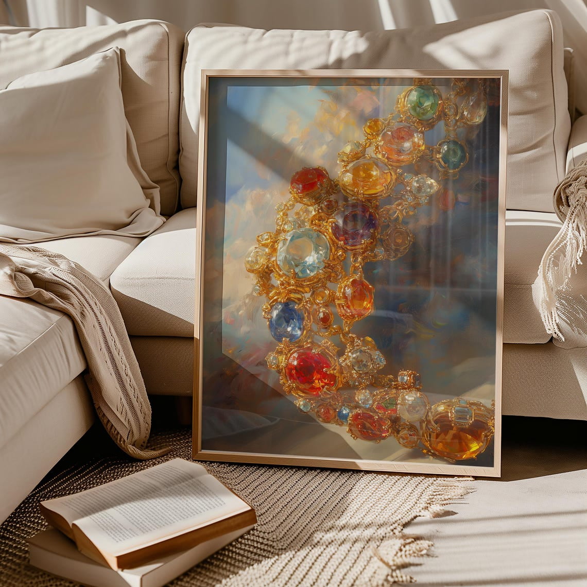 Colorful Gemstone Bracelet Art, Gold Jewelry Still Life Painting ...