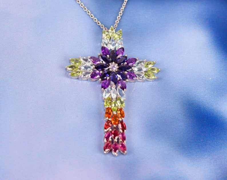 Colorful Gemstone Necklace Pendants Cross Bridal Wedding Gifts Women ...