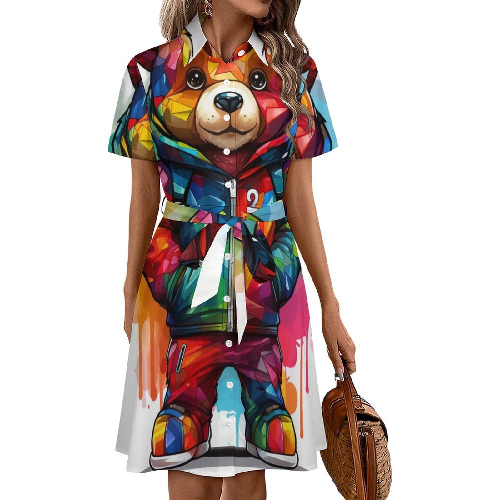 Colorful Geometric Bear Art Womens Shirt Dresses Women'S Short Sleeve ...