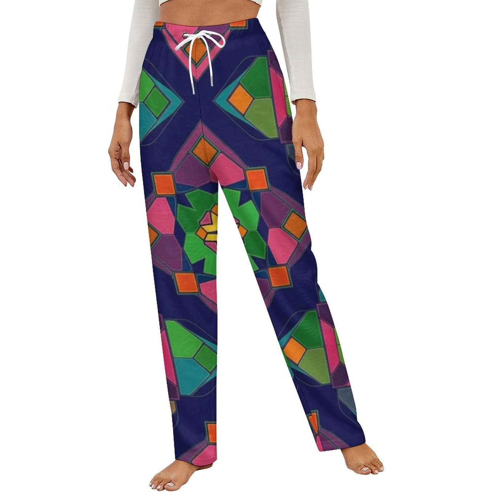 Colorful Geometric Floral Tiles Winter Female Pants Flannel High Waist ...