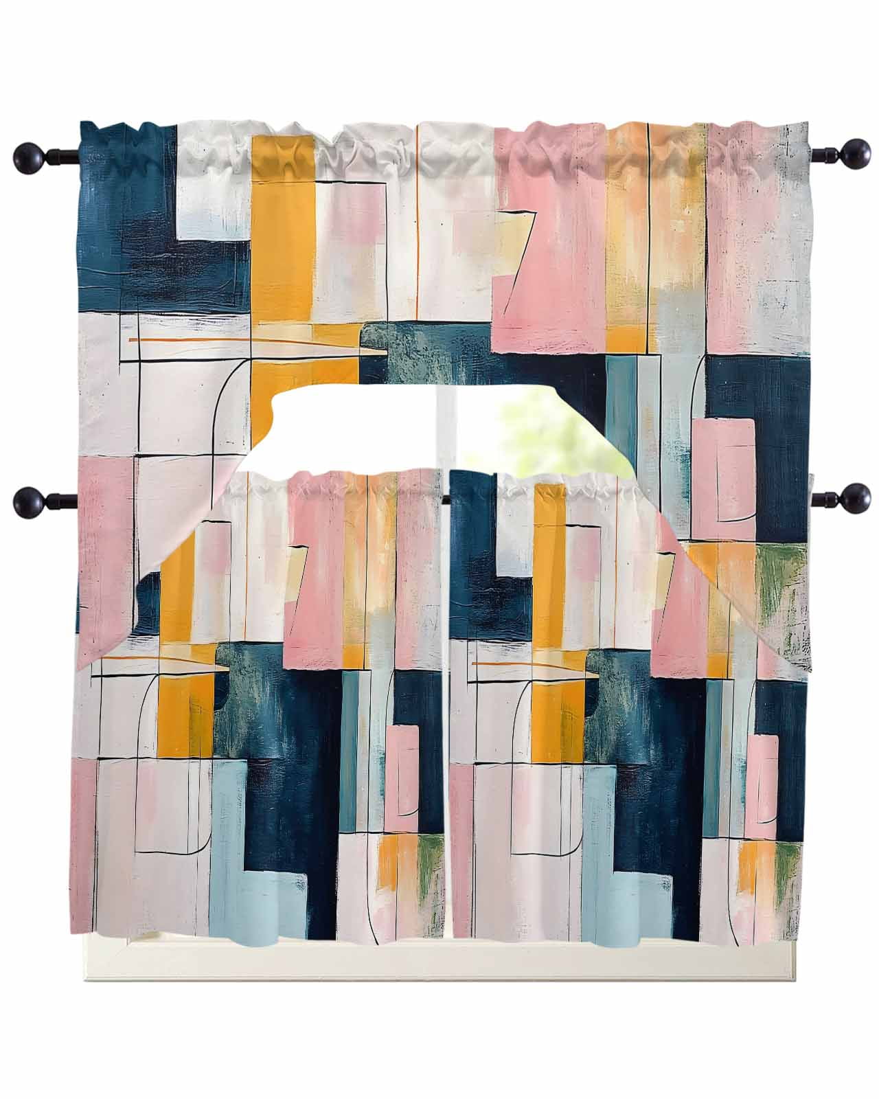 Colorful Geometric Kitchen Curtains Swag Valance and Tier Curtains Set ...
