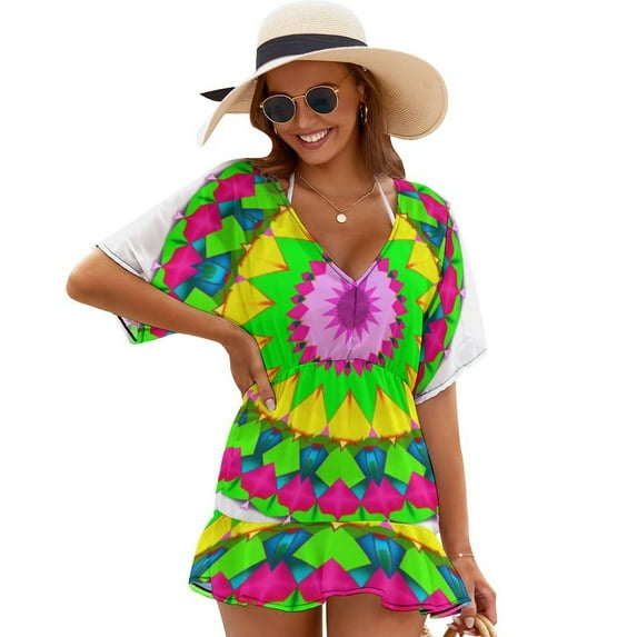Colorful Geometric Mandala Design Beach Cover Ups Women V Neck Short ...
