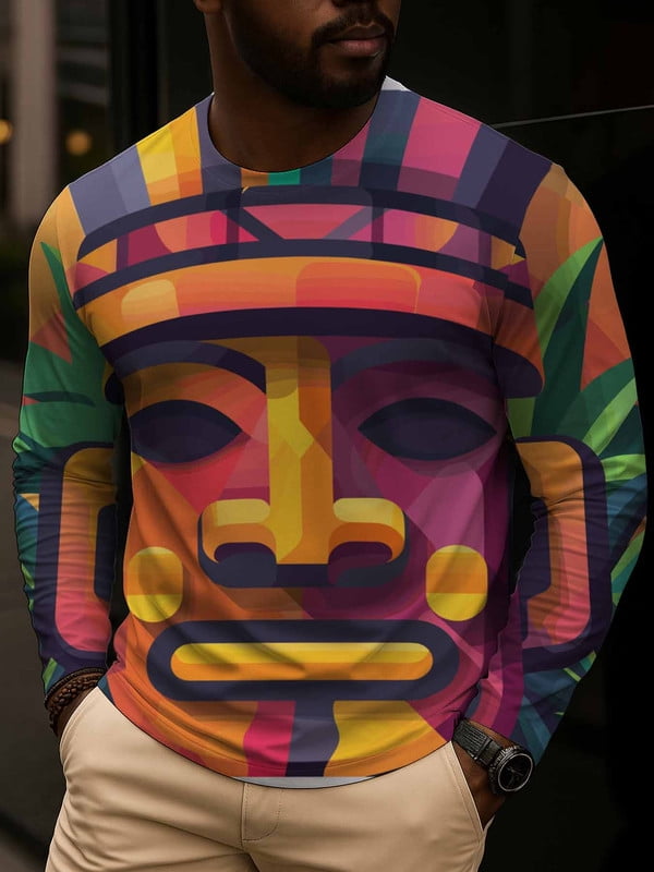 Colorful Geometric Mask T-Shirt Long-sleeved camouflage figure full men ...