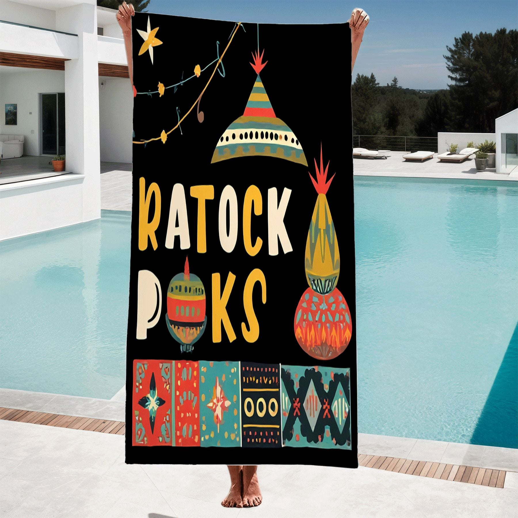 Colorful Geometric Pattern Beach Towel - Festive Design with Ornaments ...