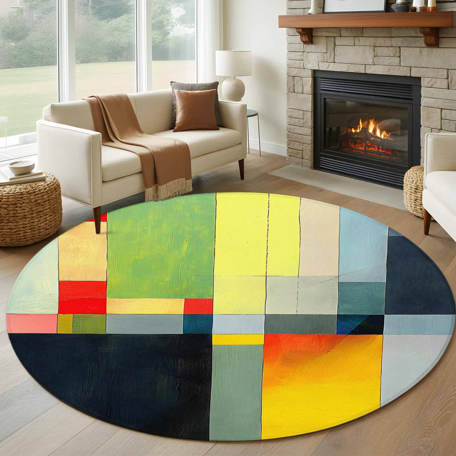 Colorful Geometric Round Area Rug 5 FT, Non Slip Bedroom Rugs, Color ...