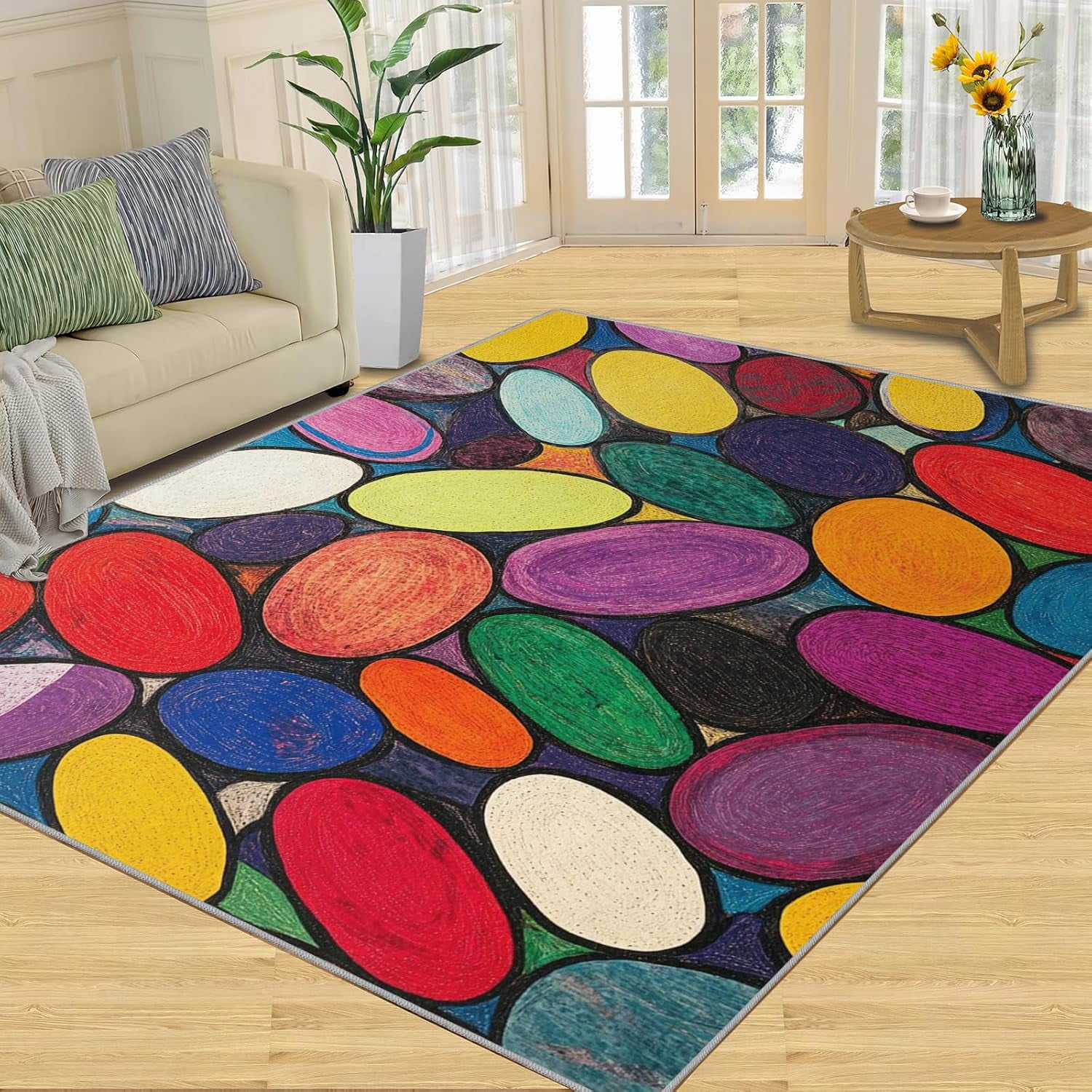 Colorful Geometric Rug, Circle Washable Rugs for Living Room, Abstract ...