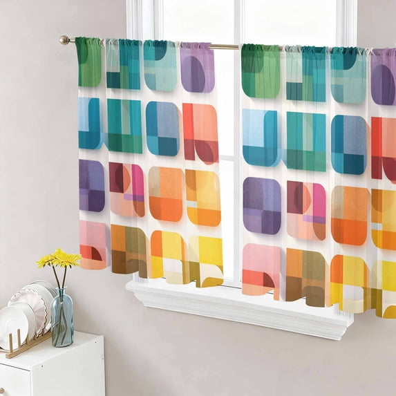 Colorful Geometric Sheer Curtains 45 Inch Length 2 Panels Set, Abstract ...