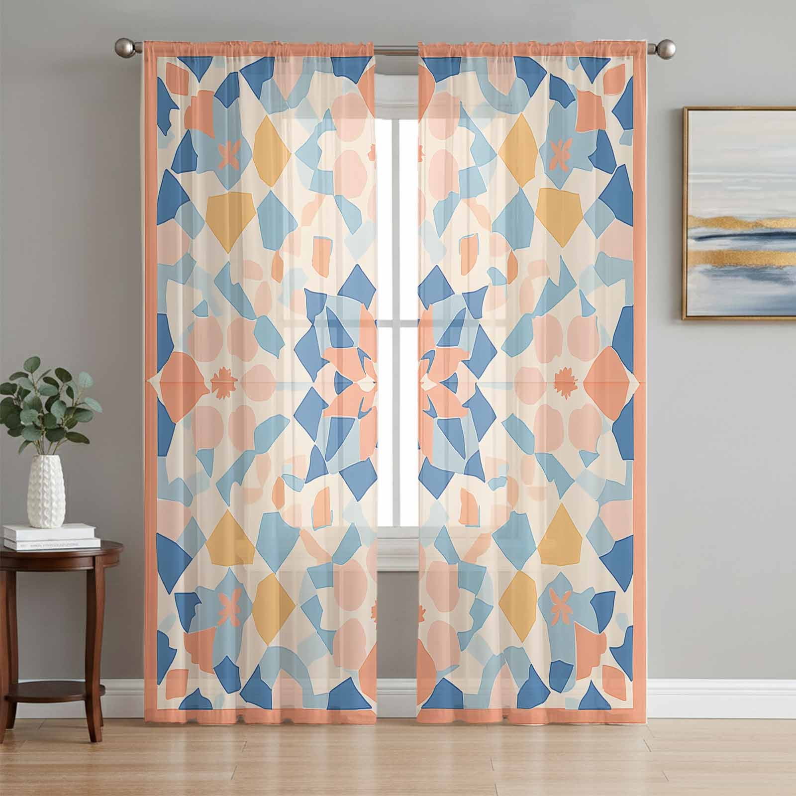 Colorful Geometric Sheer Curtains 63 Inch Length 2 Panels Set, Vintage ...