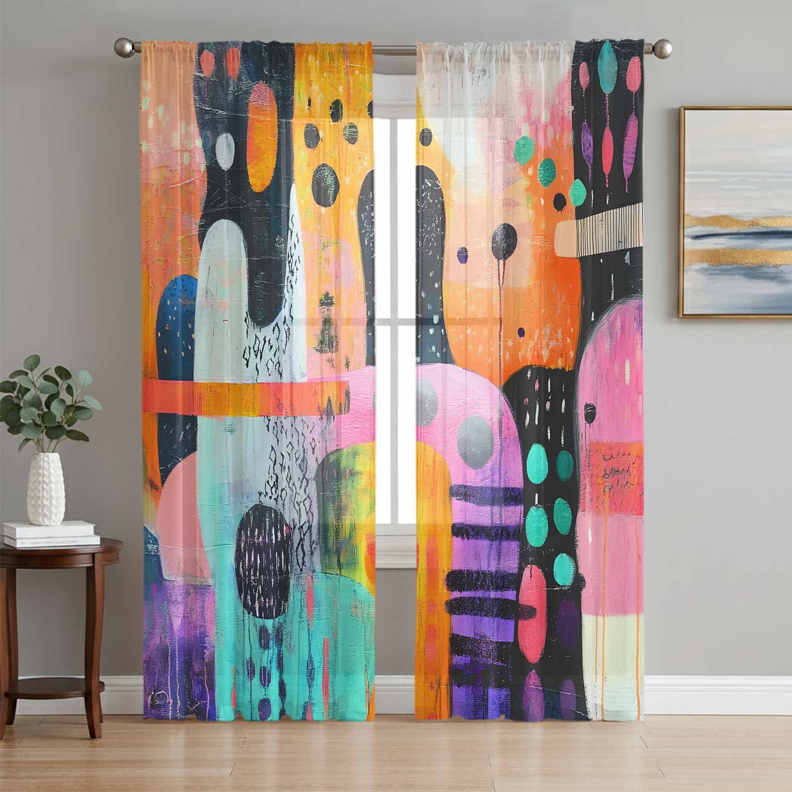 Colorful Geometric Sheer Curtains 96 Inch Length 2 Panels Set, Modern ...