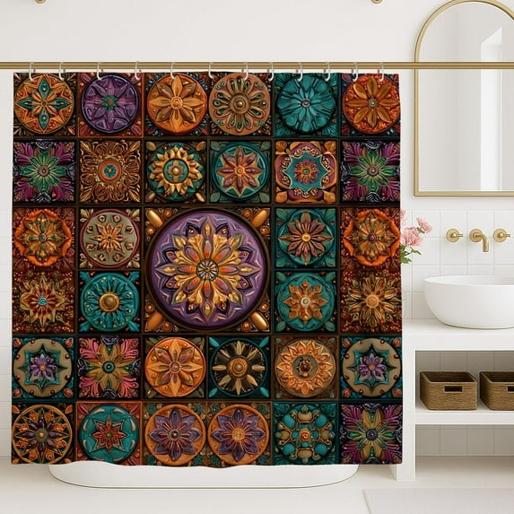 Colorful Geometric Shower Curtain, Vibrant Blue with Orange Floral ...