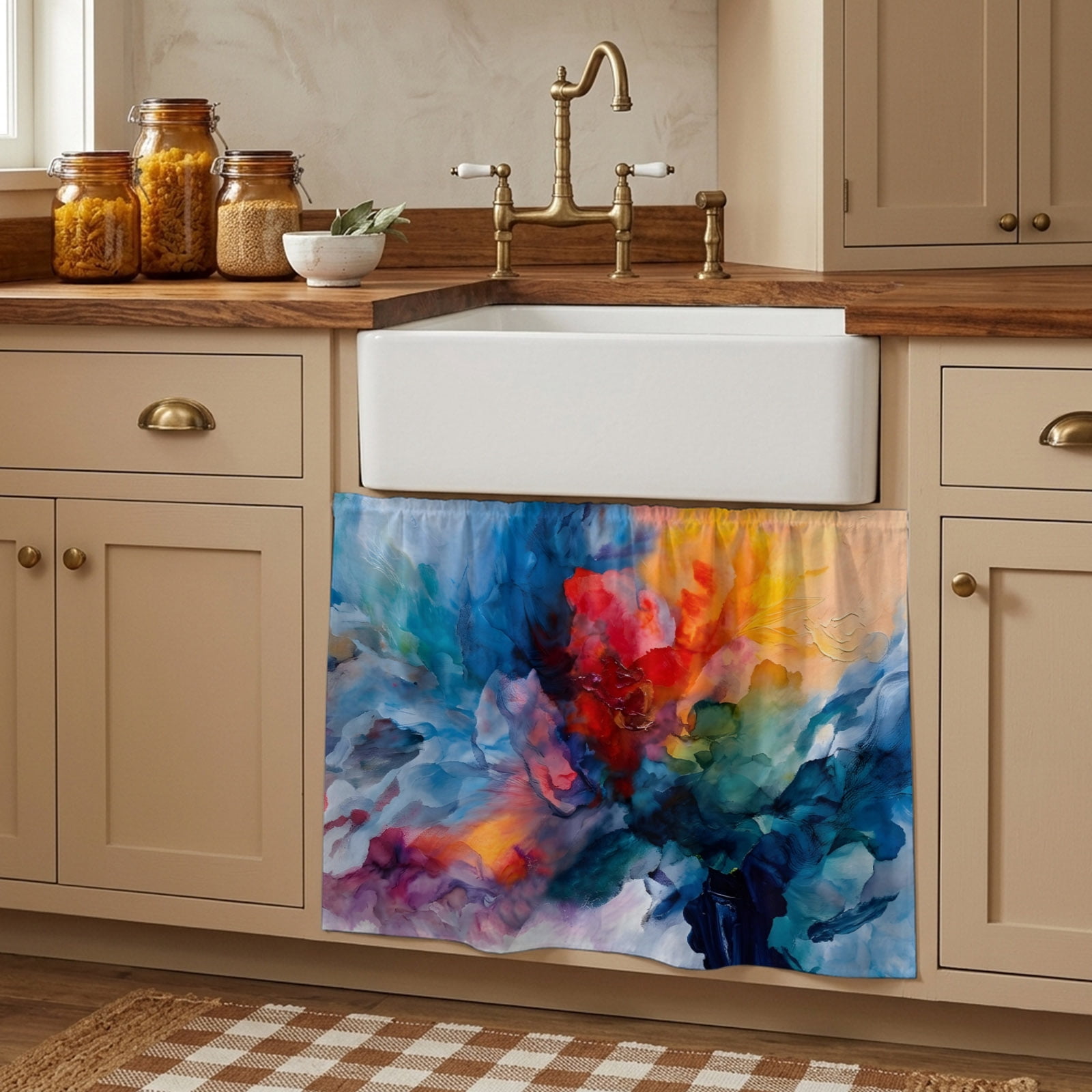 Colorful Geometric Small Cabinet Curtains 10"W x 11"L, Abstract Flowers ...