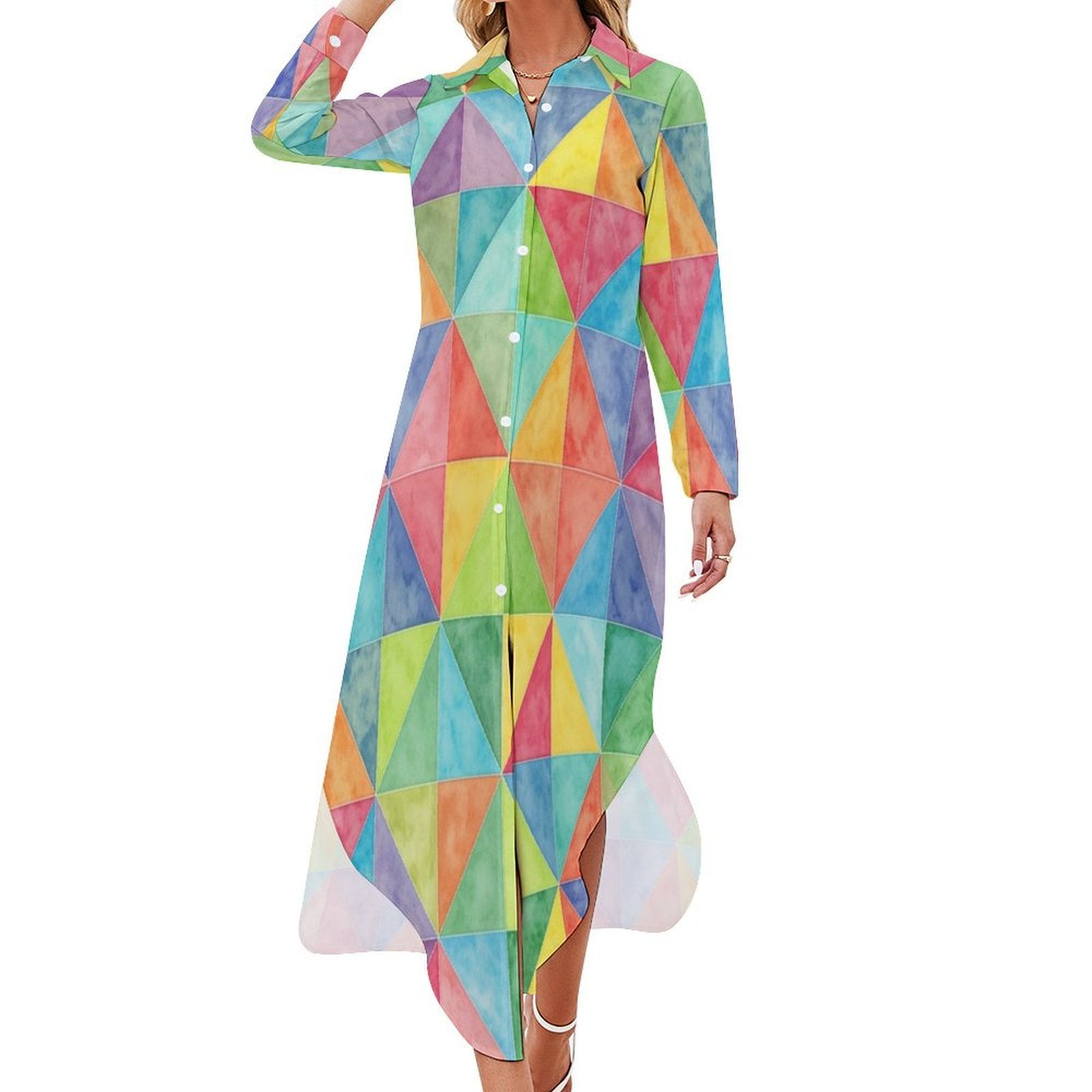 Colorful Geometric Triangle Pattern Shirt Dress Long Sleeve Street ...