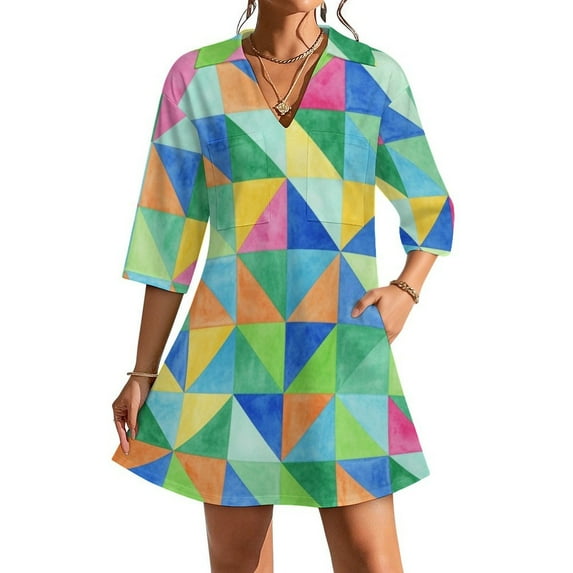 Colorful Geometric Triangle Pattern Womens Dress With Pockets Summer V ...