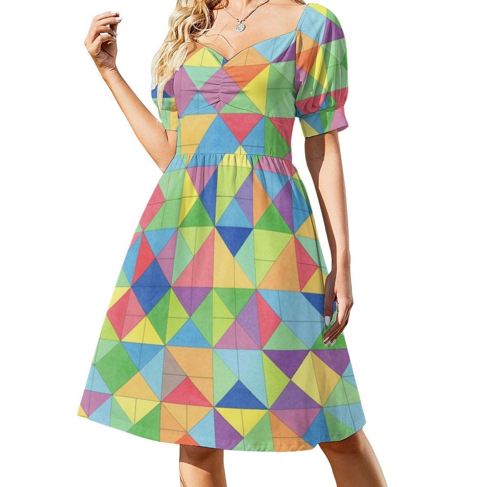 Colorful Geometric Triangles Pattern Short Sleeve Dress Clothes Women's ...
