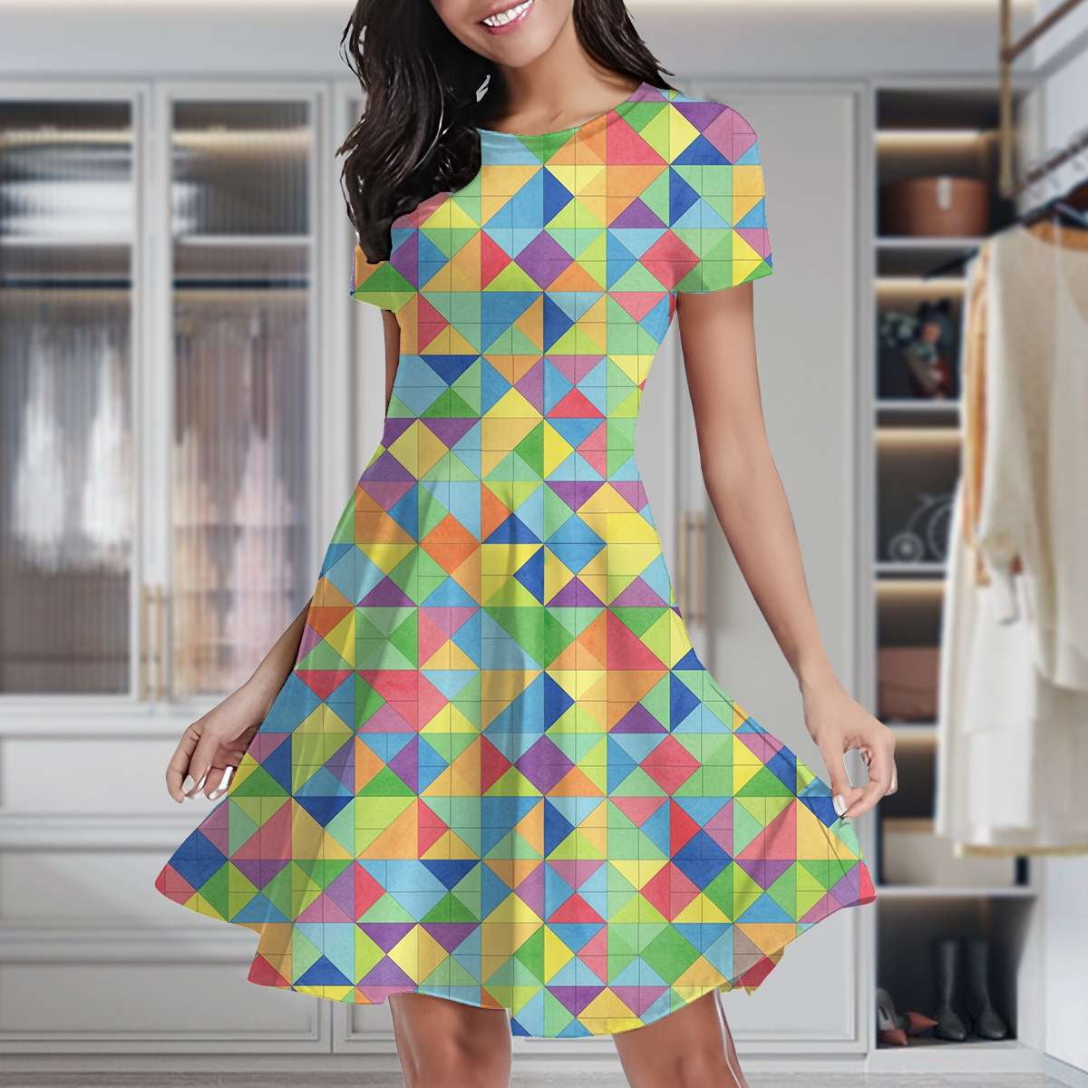 Colorful Geometric Triangles Pattern Women's Classic Swing Skater Dress ...