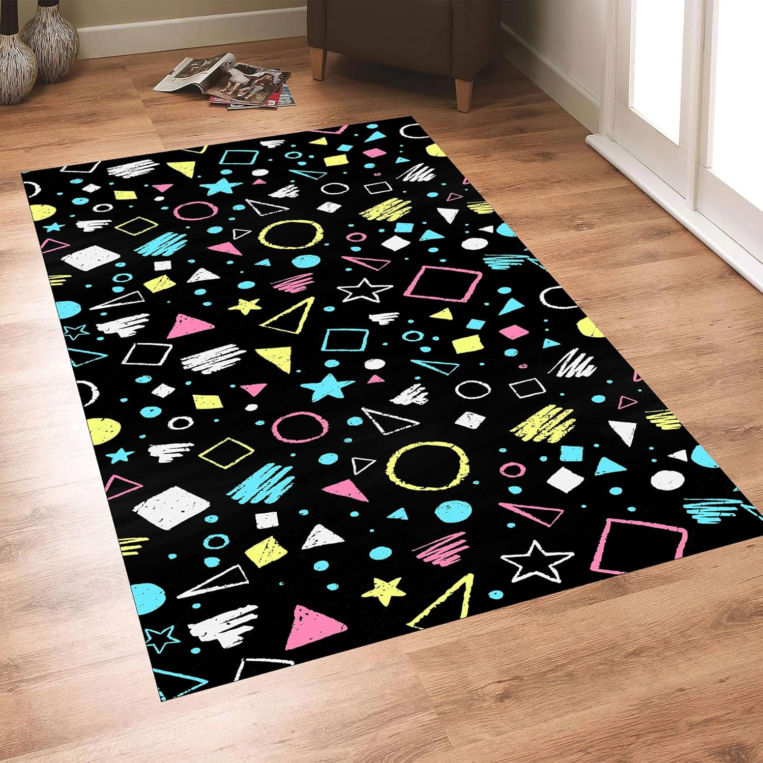 Colorful Geometry Rugs for Bedroom,80S Arcade Low-Pile Fade Resistant ...