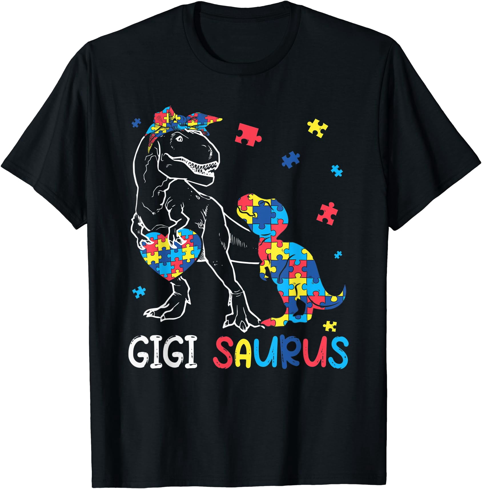 Colorful Gigi Saurus Autism Awareness Puzzle Dinosaur T-Shirt Cause ...