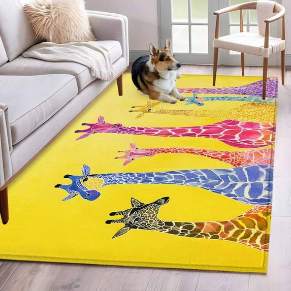 Colorful Giraffe Area Rug 4x6 Washable Rug Non Slip Watercolor Cute Cartoon Yellow Large Area ...