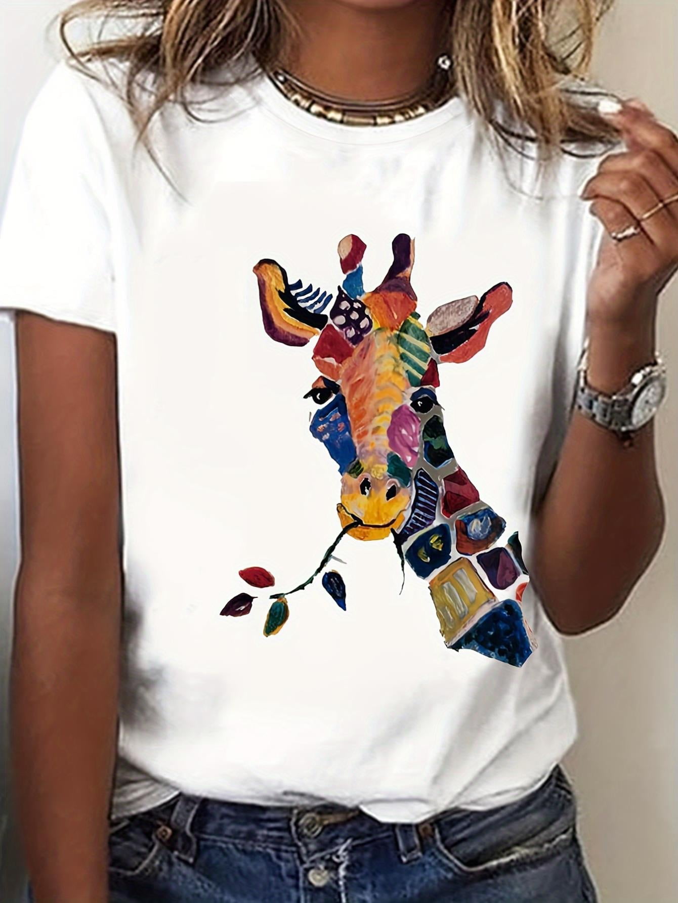 Colorful Giraffe Print, Short Sleeve Crew Neck T-shirt, Casual Top for ...