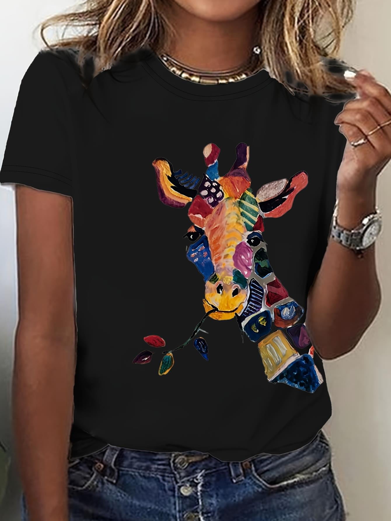 Colorful Giraffe Print, Short Sleeve Crew Neck T-shirt, Casual Top for ...