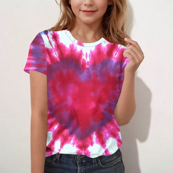 Colorful Girls Tie Dye Heart T-Shirt - Short Sleeve Graphic Tee, Soft ...